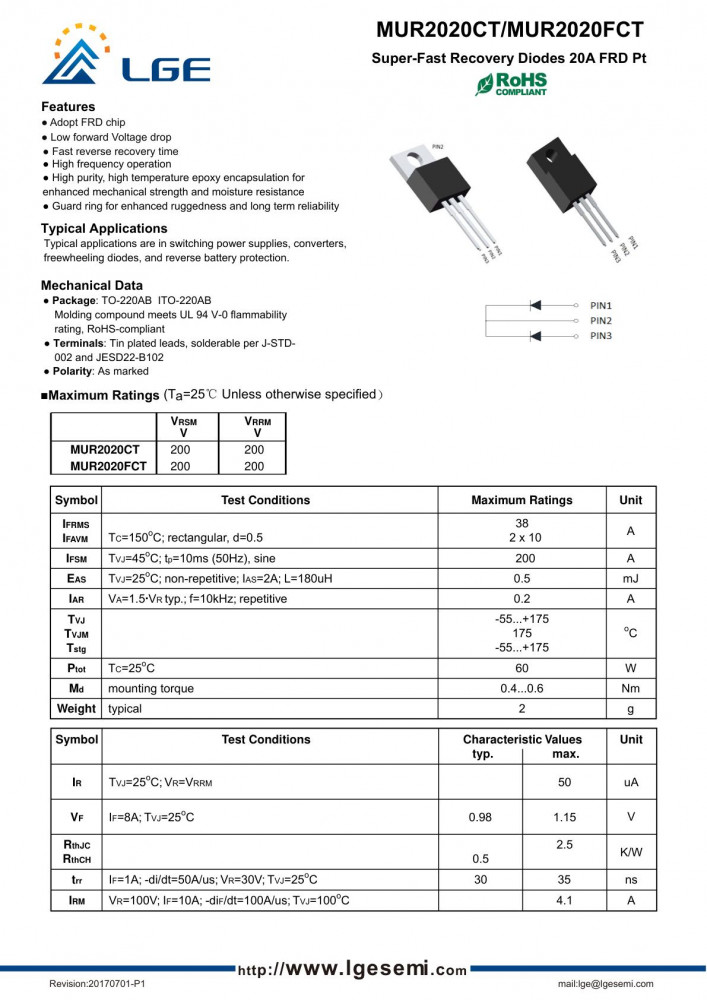 MUR2020CT datasheet page 1