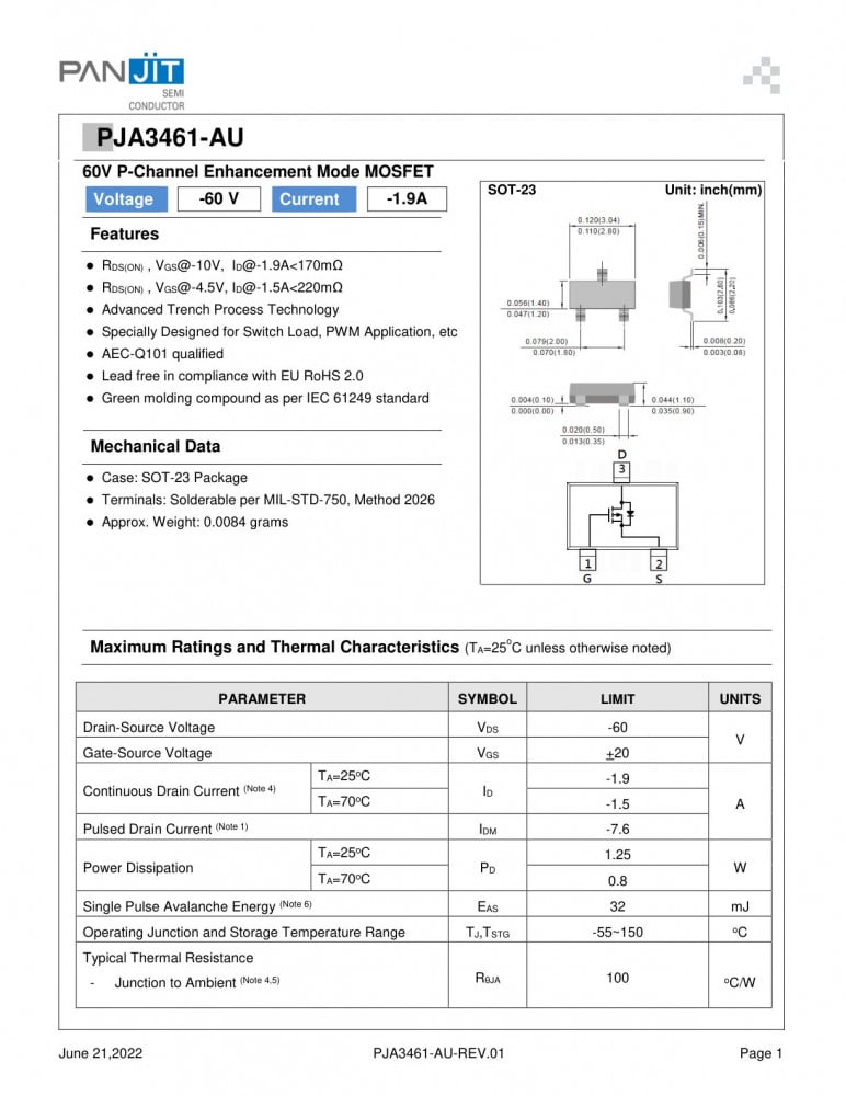 PJA3461-AU datasheet page 1