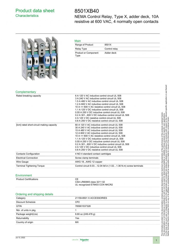 8501XB40 technical document page 1
