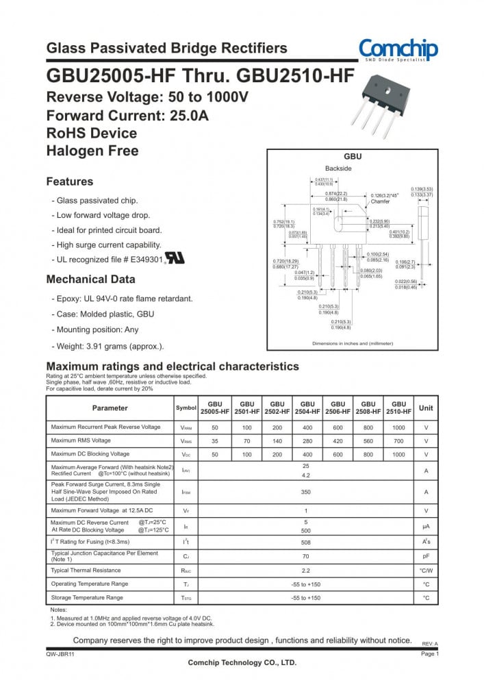 GBU2510-HF datasheet page 1
