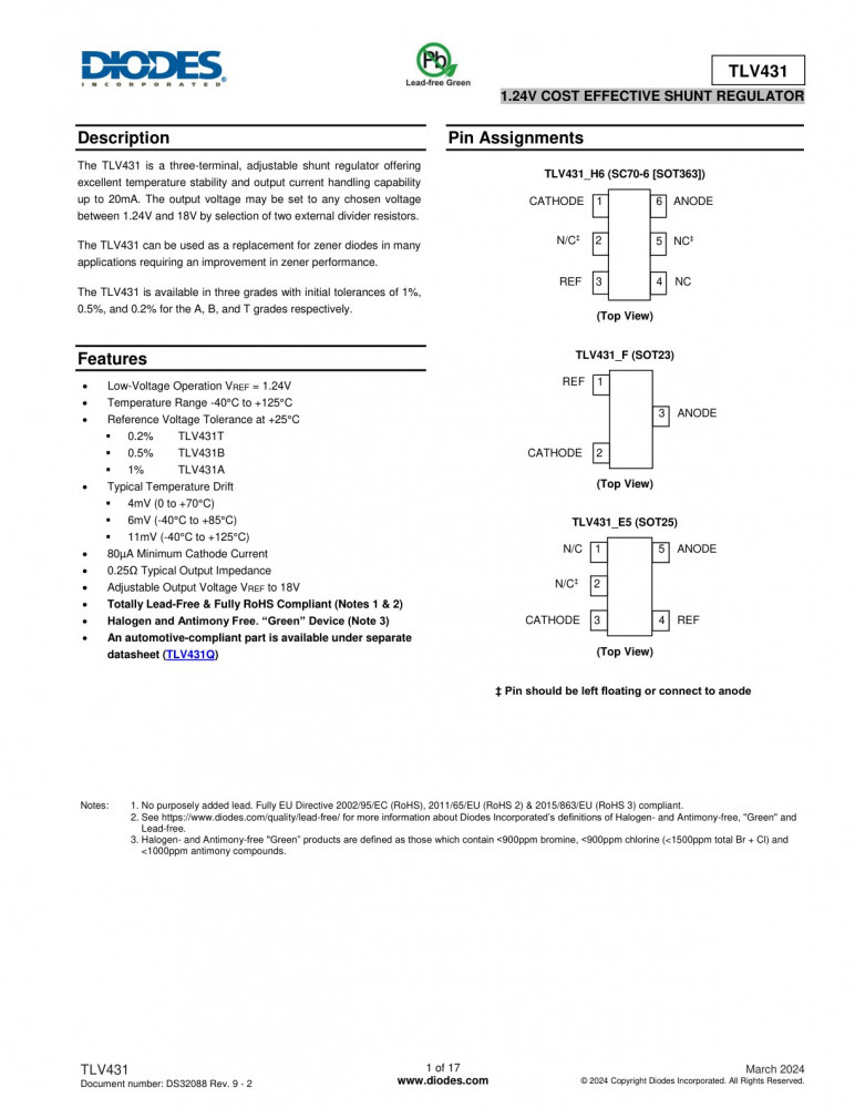 TLV431BFTA datasheet page 1