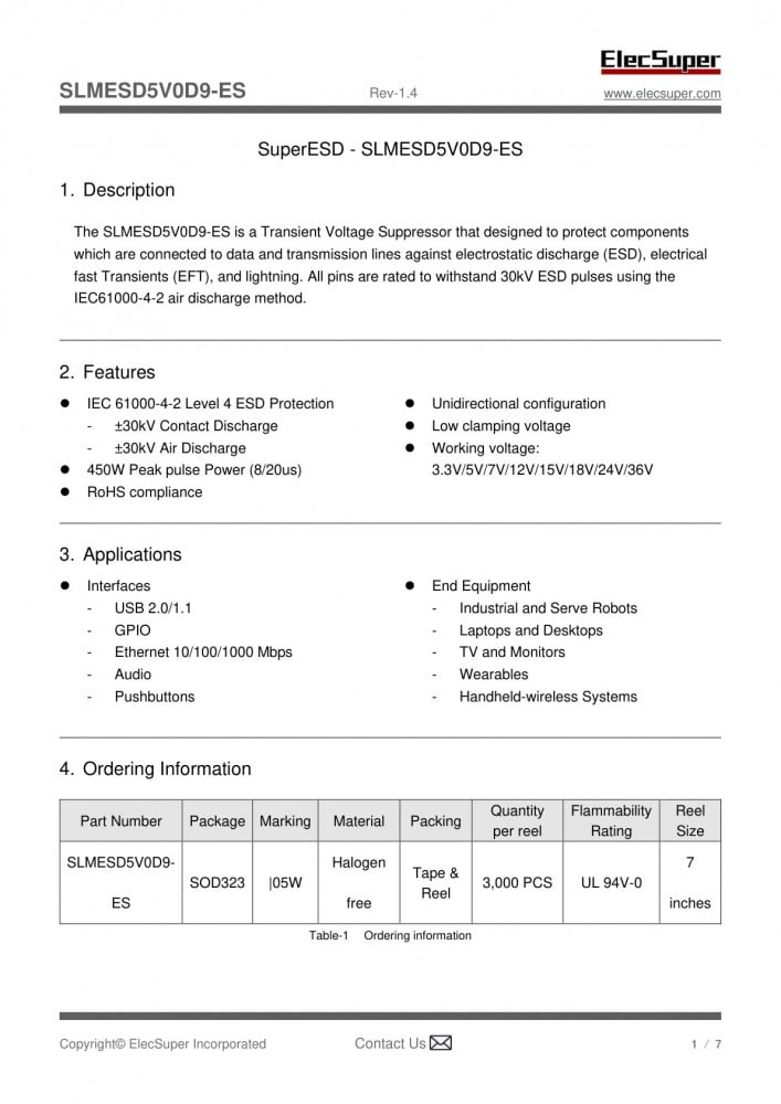 SLMESD5V0D9-ES datasheet page 1