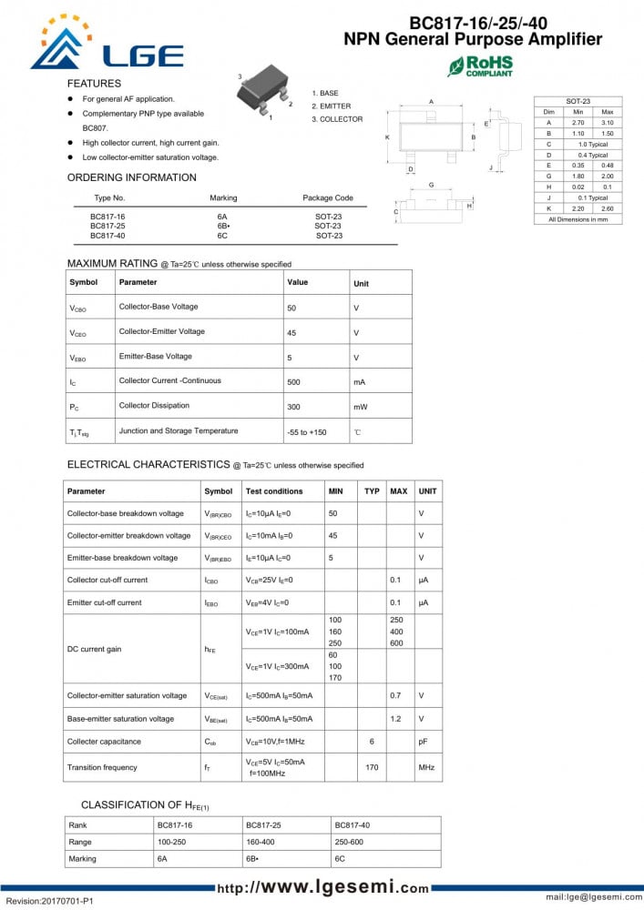 LGE BC817-25 datasheet page 1