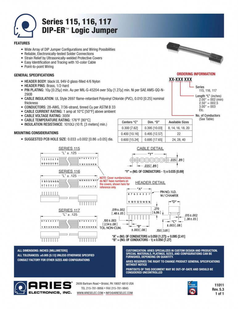 Aries Electronics DIP jumper cable assembly product documentation