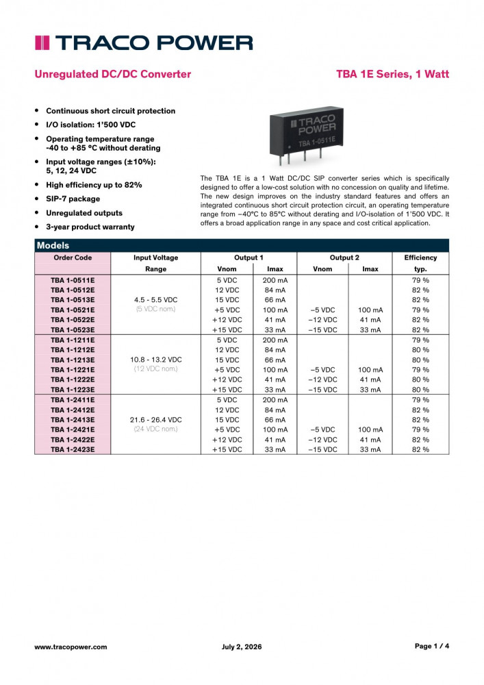 TBA 1E series technical document page 1
