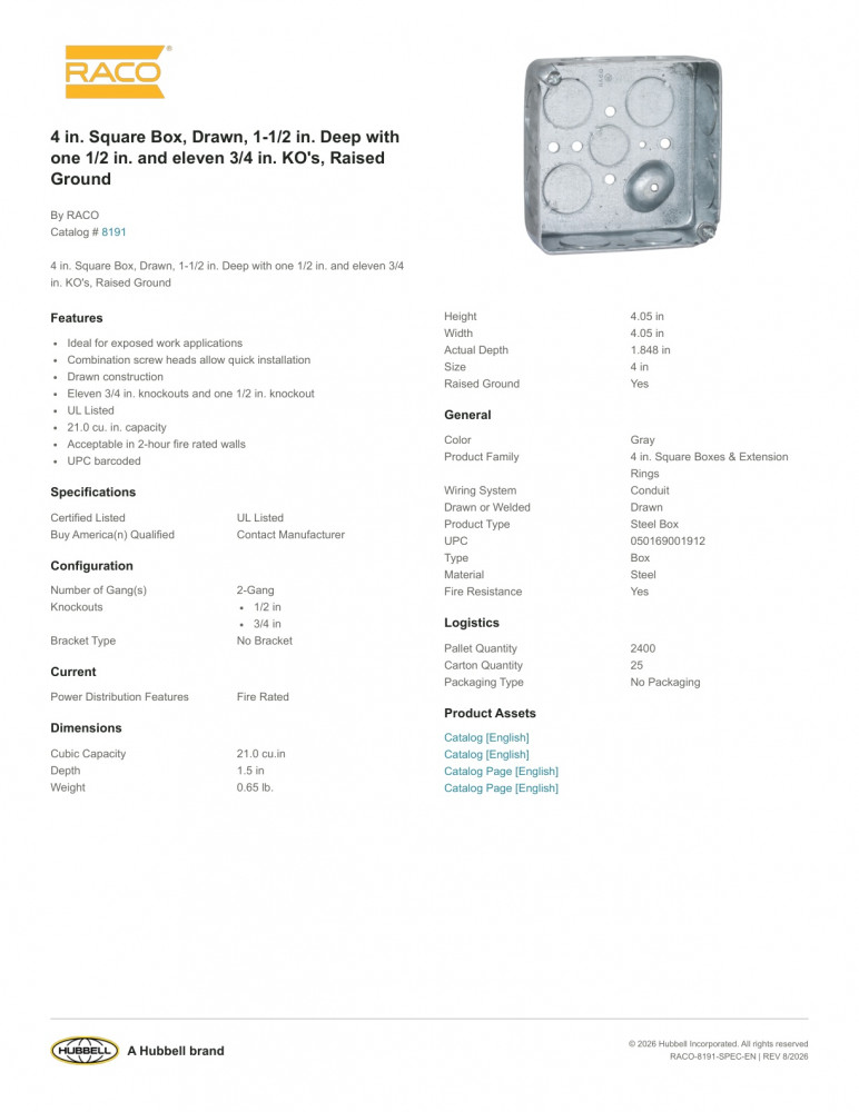 Catalog image for the 8191 4-inch square drawn steel box