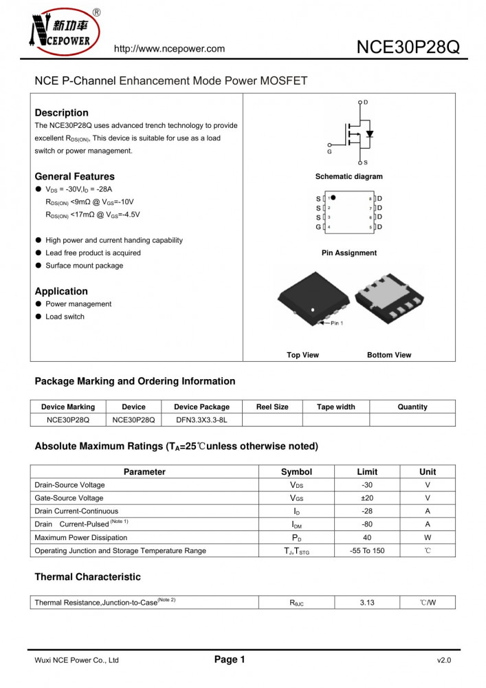NCE30P28Q datasheet page 1