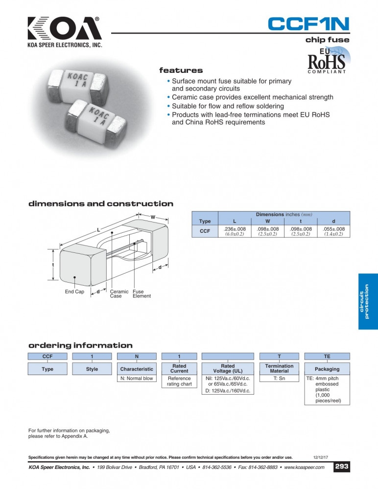 KOA CCF fuse datasheet page 1