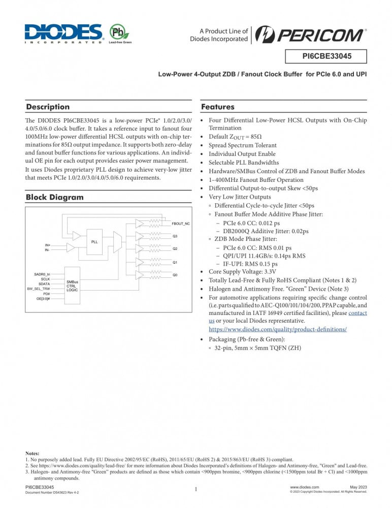PI6CBE33045 datasheet page 1