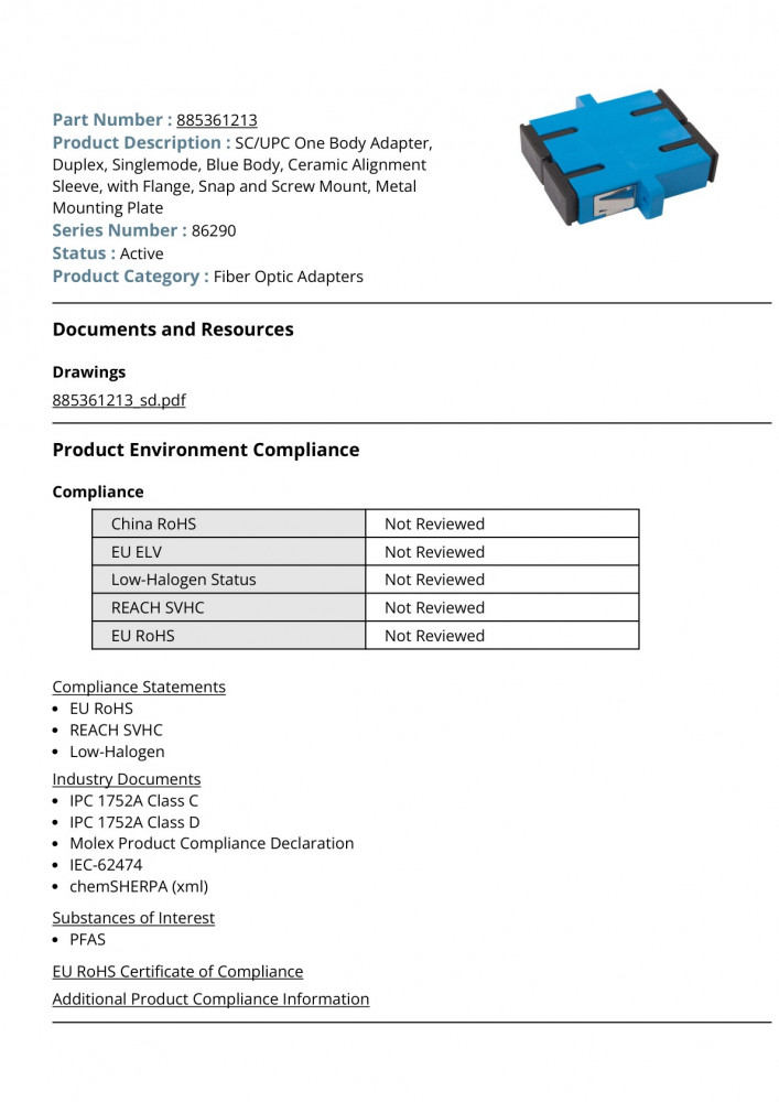 MOLEX 885361213 product drawing, page 1