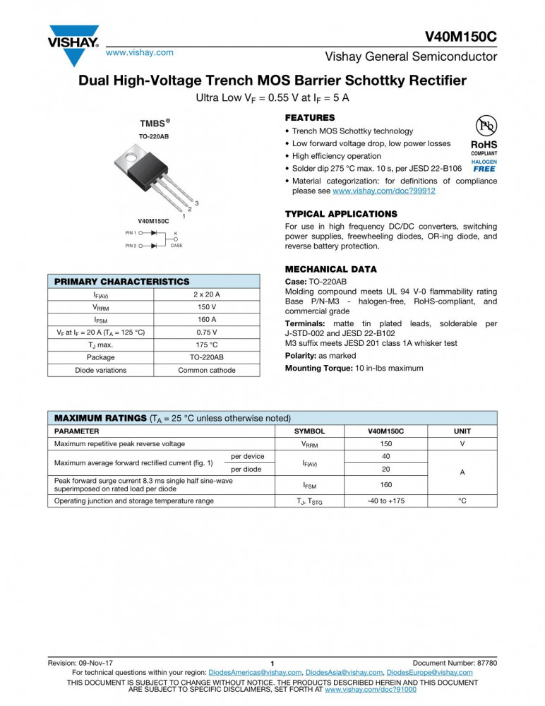 Vishay V40M150C datasheet page 1