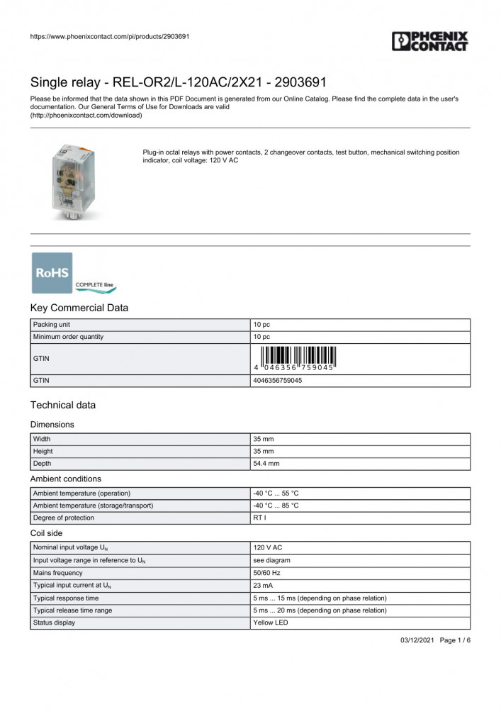Phoenix Contact 2903691 technical document page 1
