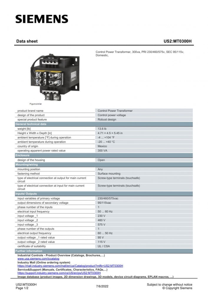 SIEMENS MT0300H datasheet page 1