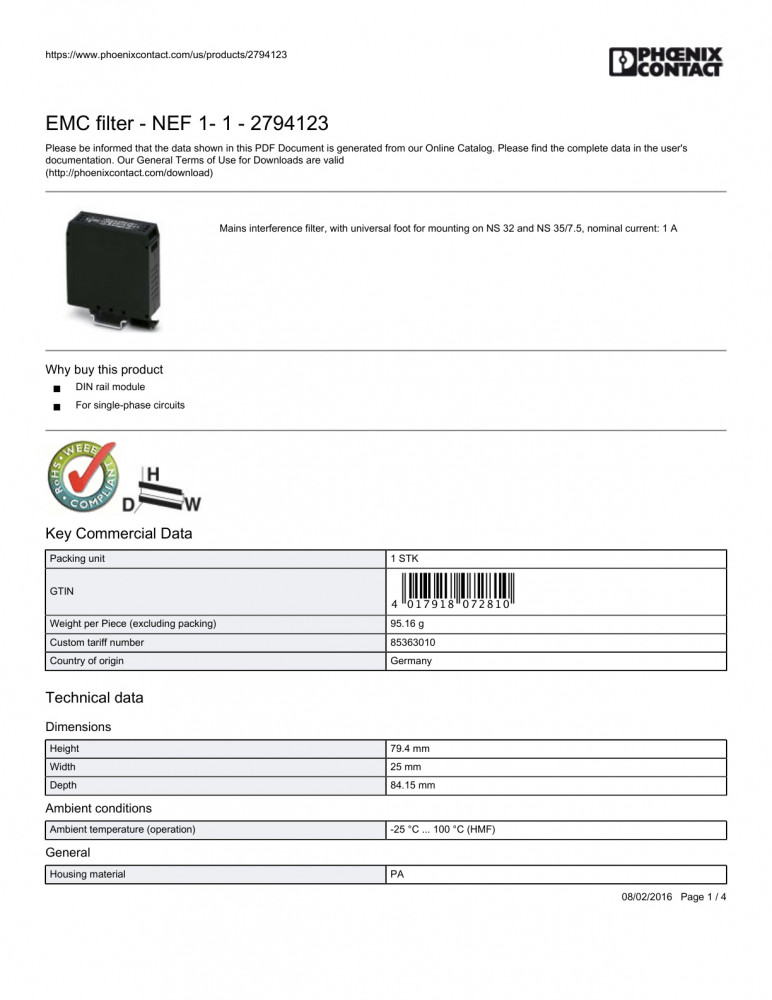 Phoenix Contact 2794123 technical document page 1