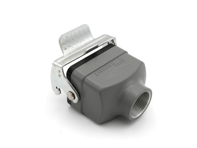 Heavy-Duty Connector Kit, 32 Pole, Series S-E Female-Male Inserts, M50 Extended Threaded Fitting Die-cast Aluminum Hood-Side Entry, Surface Mount Housing-Vertical, 2 Lever, Size 32B «77x62», Grey