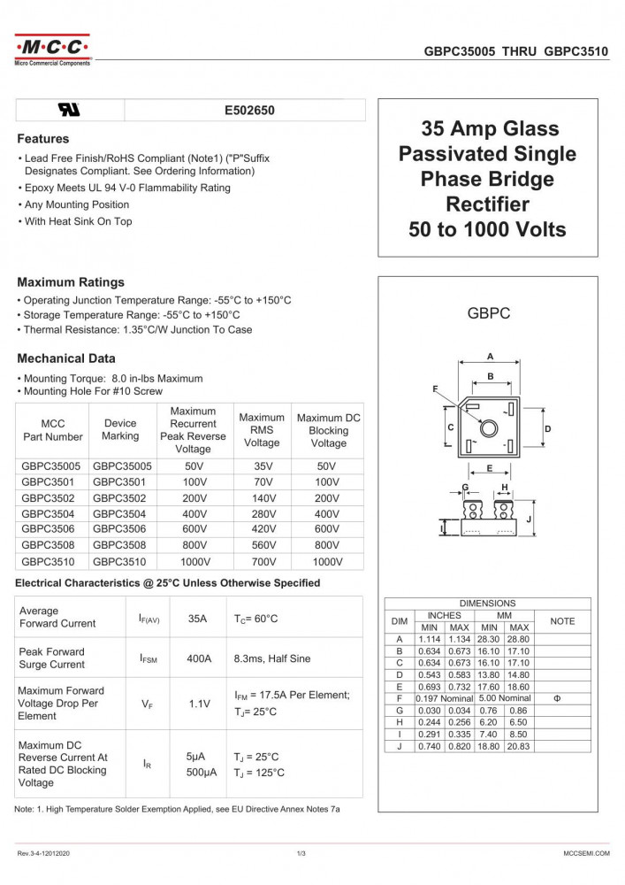 GBPC3504-BP datasheet page 1