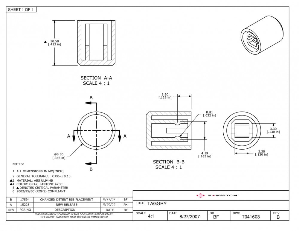 E-Switch TAGGRY technical drawing