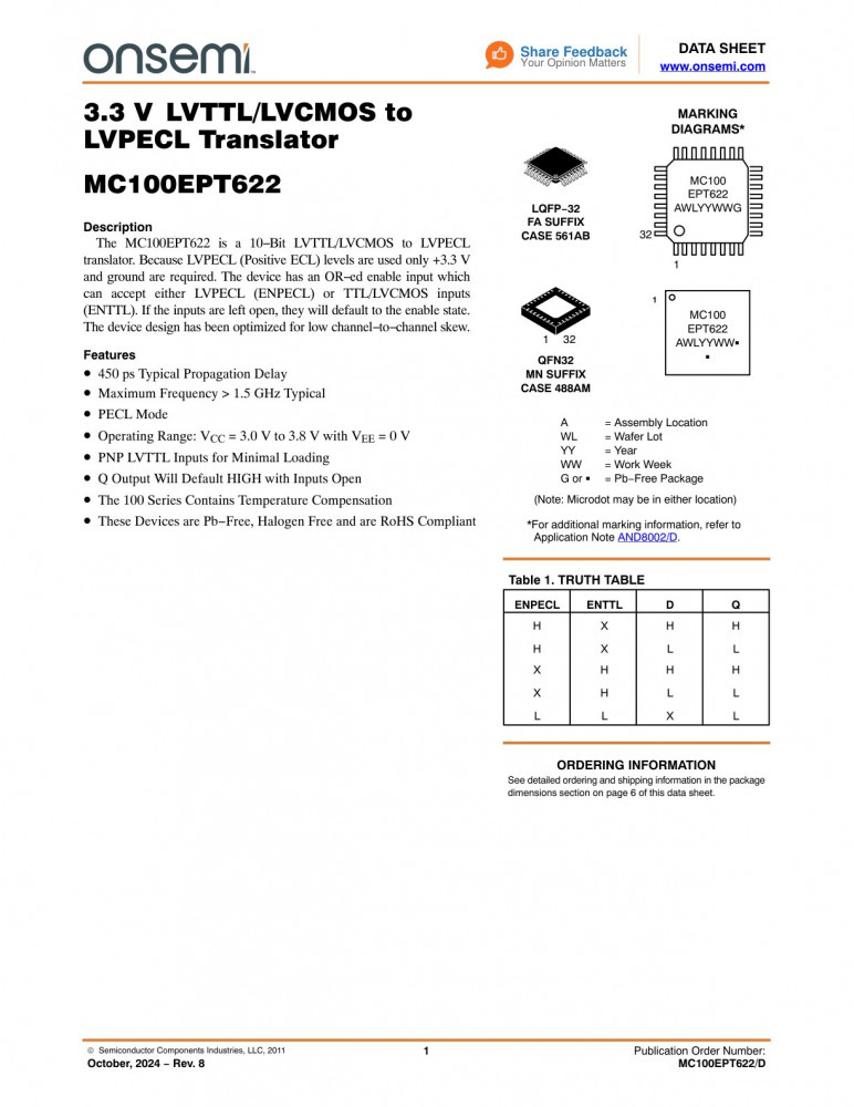 MC100EPT622 datasheet page 1