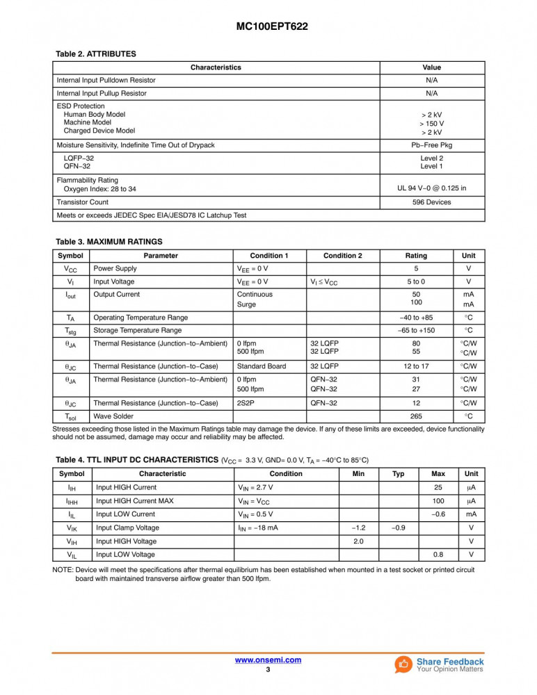 MC100EPT622 datasheet page 3