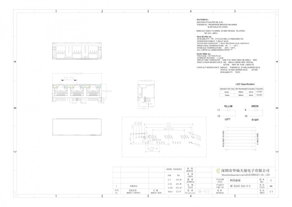 HCTL HC-RJ45-5JA-3-2 technical drawing preview