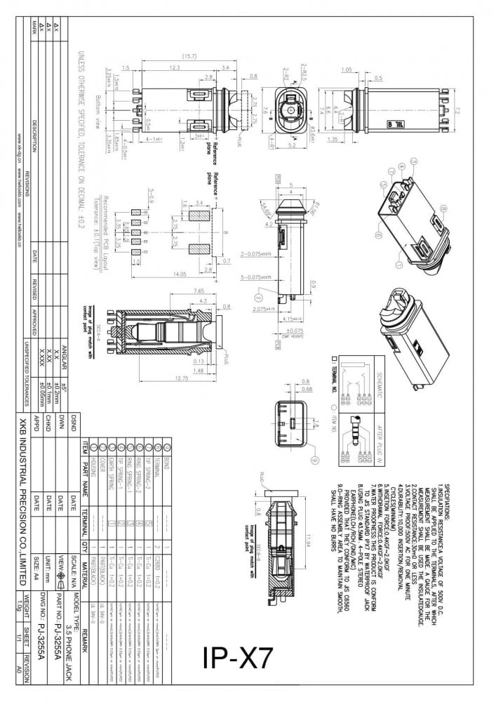 XKB Connection PJ-3255A technical drawing