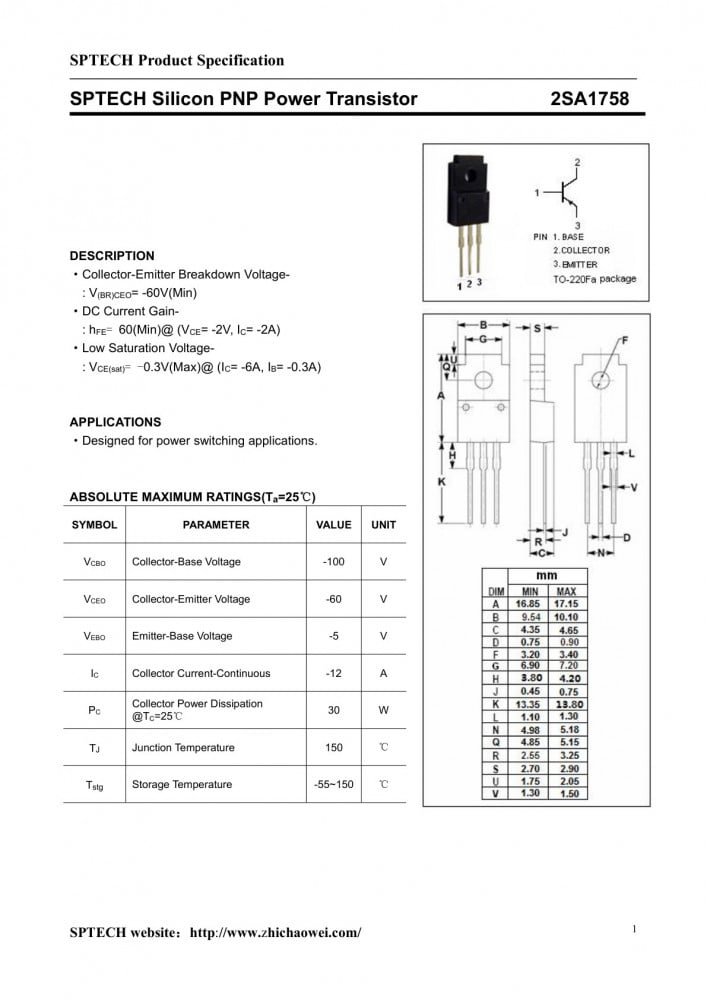 2SA1758 SPTECH datasheet page 1