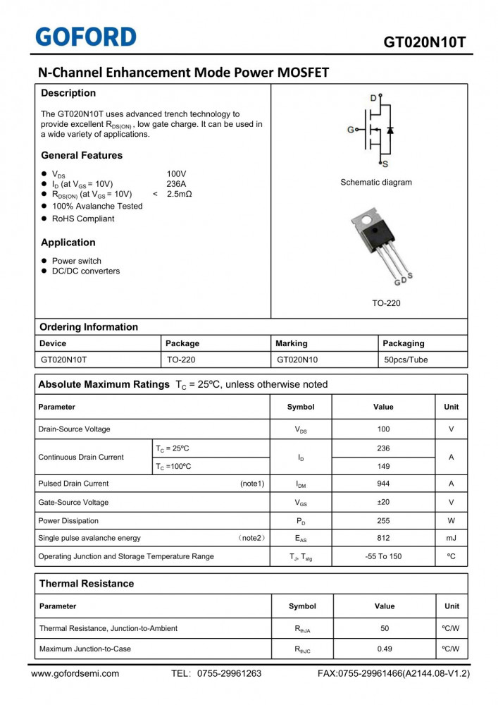 GT020N10T datasheet page 1