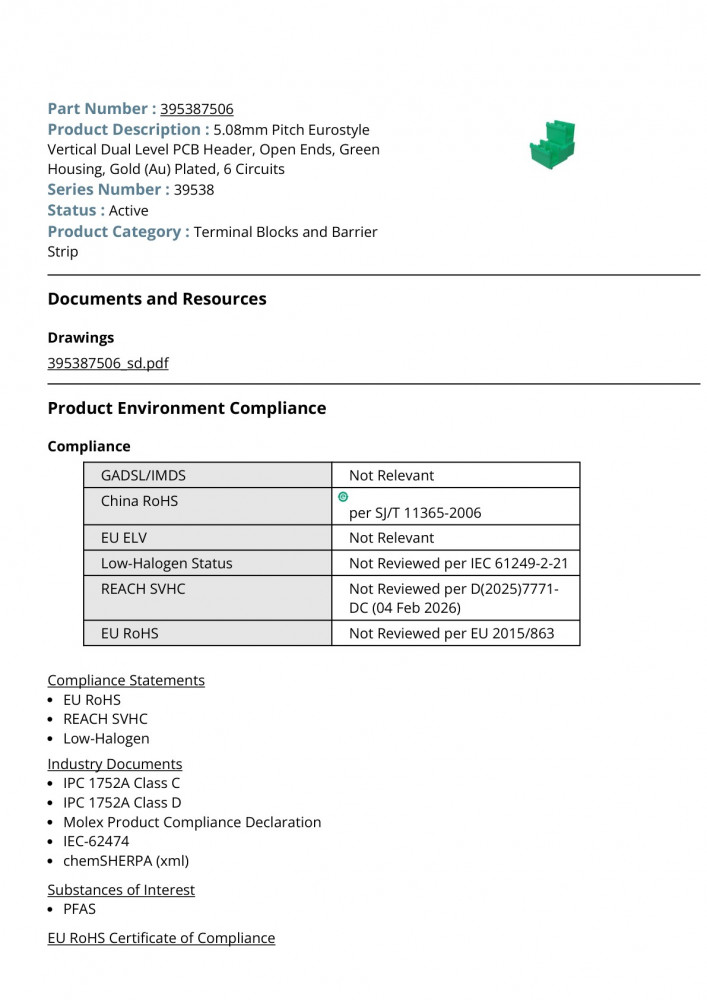 Molex 39538 series technical document, page 1