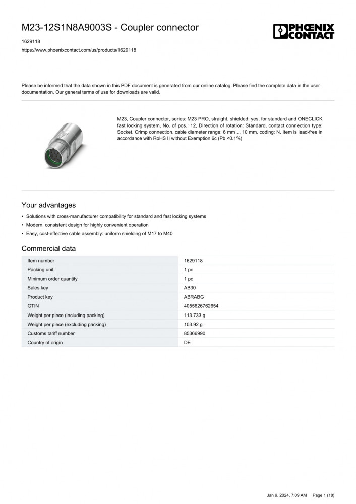 Phoenix Contact 1629118 technical document page 1