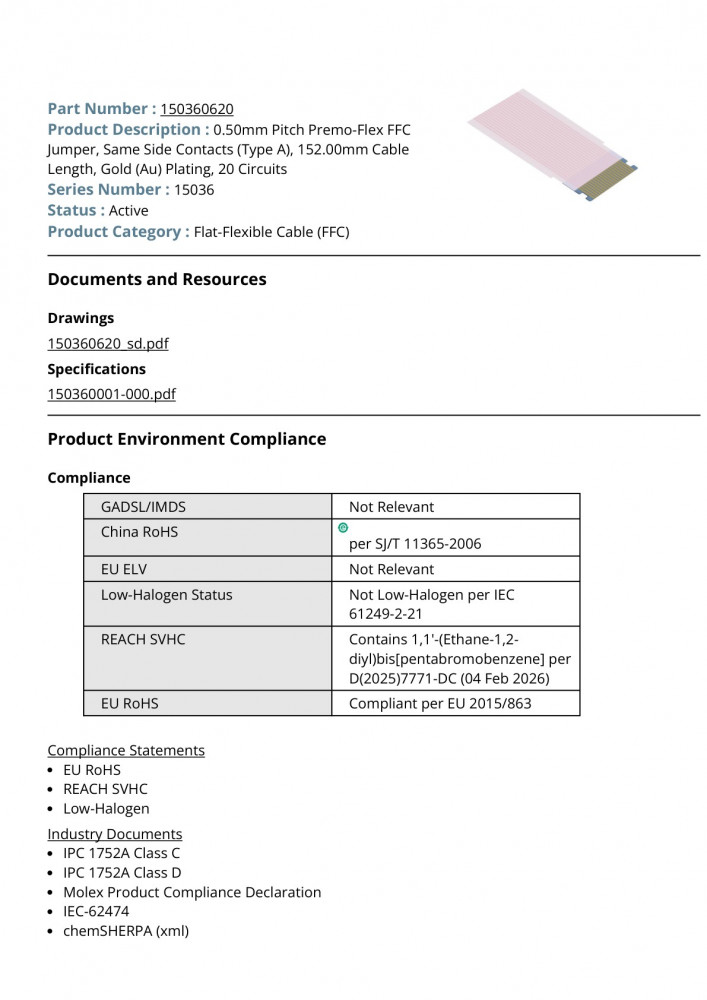 Molex 0.50 mm pitch extra-flexible FFC specification, page 1