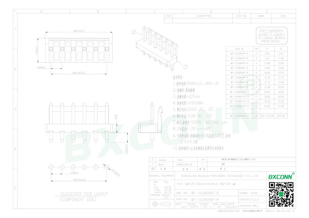 WF-1A396AxP-R connector technical drawing and suggested PCB layout