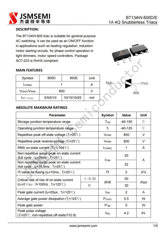 BT134W-800E datasheet page 1