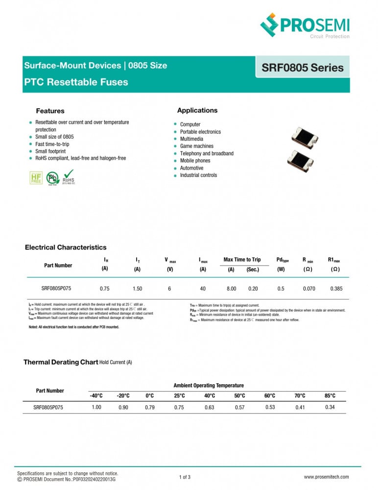 SRF0805P075 technical document page 1