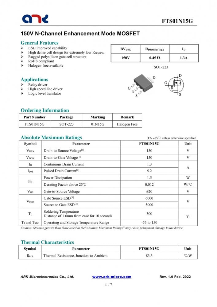 FTS01N15G datasheet page 1