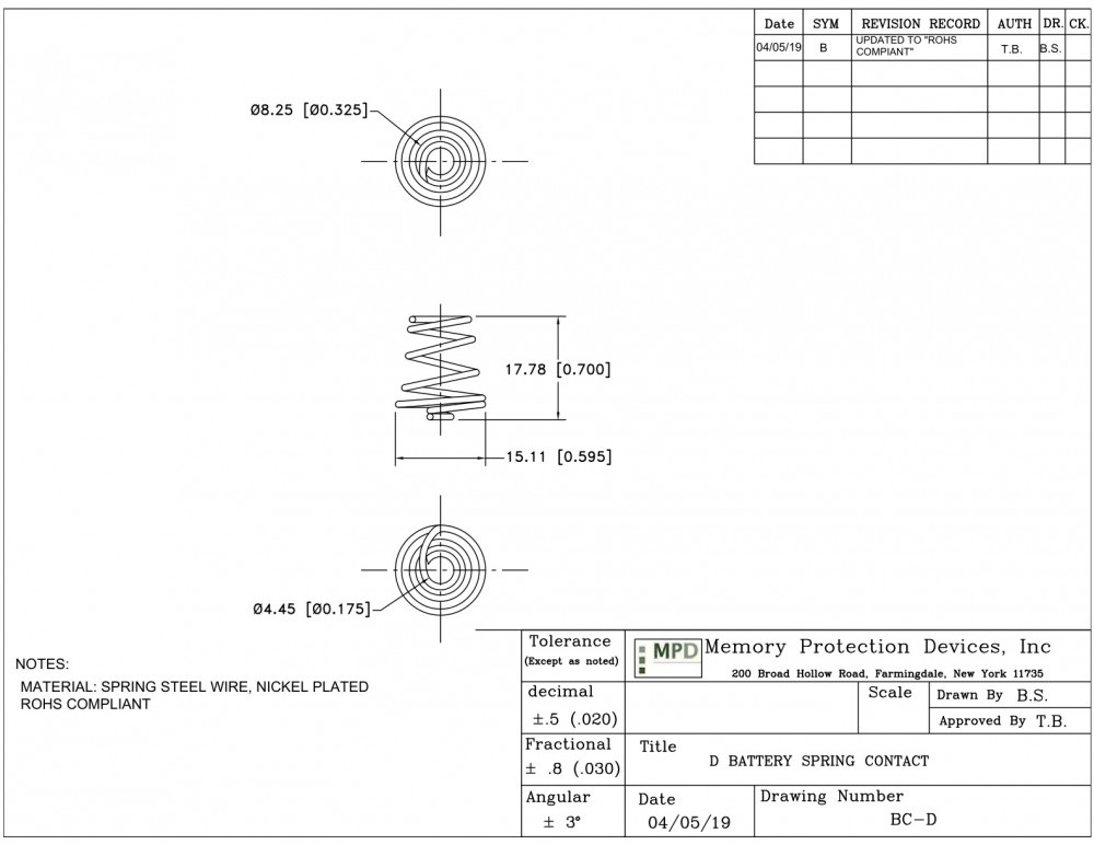MPD BCD BC-D battery spring contact drawing