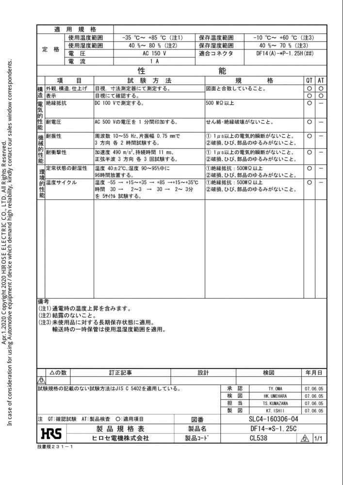 HRS DF14-8S-1.25C product specification document
