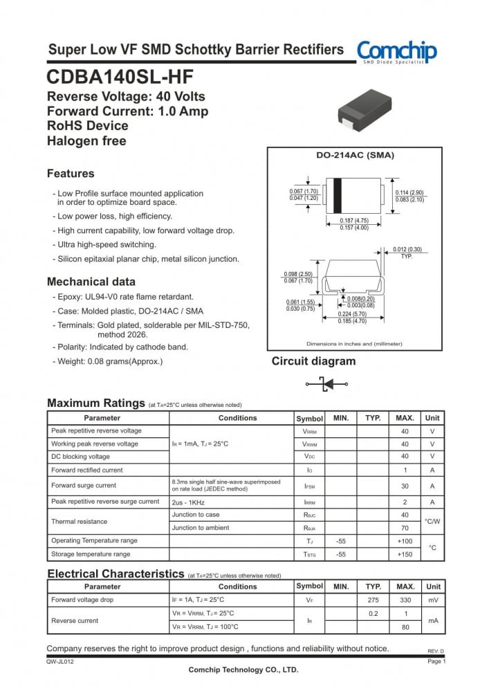 CDBA140SL-HF datasheet page 1