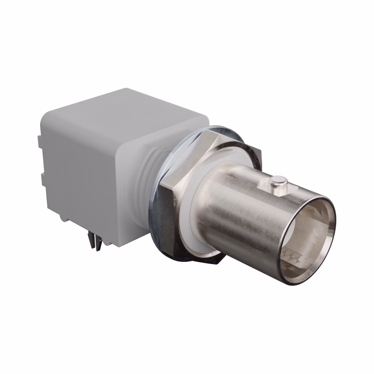 BNC Jack, Right-Angle, Bulkhead Receptacle, PCB, with Board Lock Legs, White PBT Housing, Housing Height 13.20mm, Nut and Lockwasher Included, Tray, 50 Ohms for sale