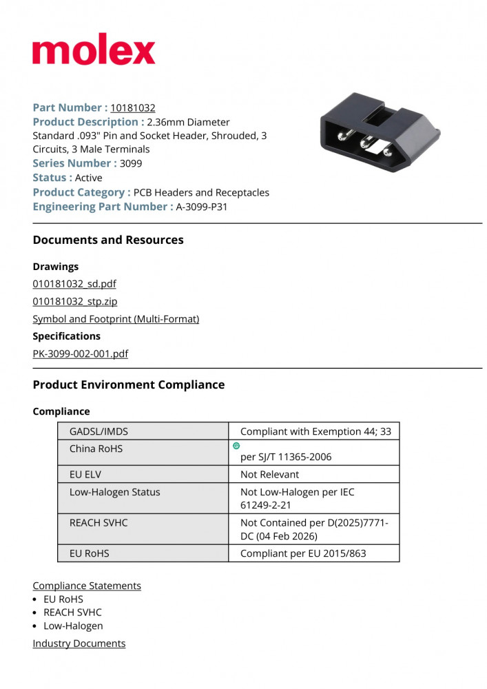MOLEX 10181032 technical document image, page 1