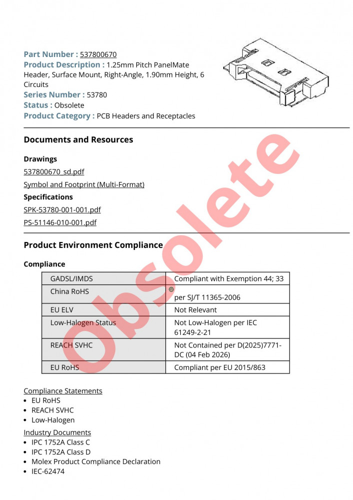 MOLEX 537800670 technical document page 1