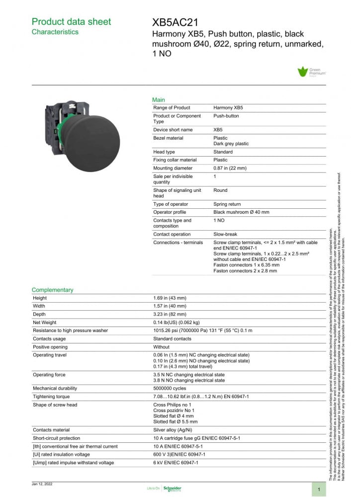 XB5AC21 technical document page 1
