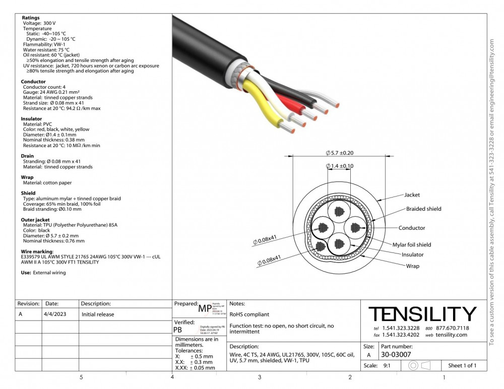Tensility International 30-03007 cable specification drawing