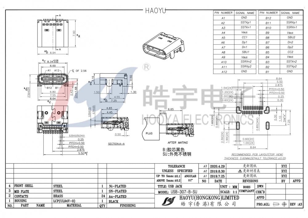 HOOYA USB-307-B-SU technical drawing and pin assignment