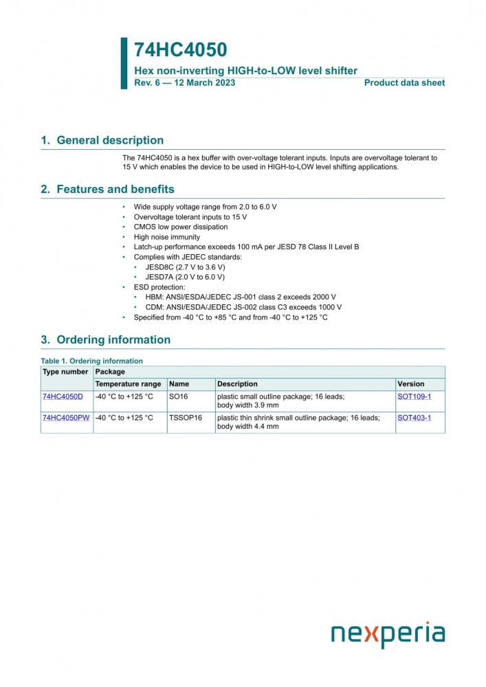 74HC4050D datasheet page 1