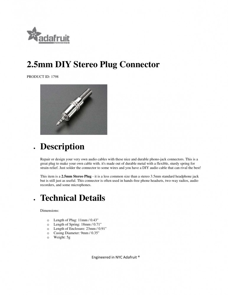 Adafruit 1798 2.5mm DIY Stereo Plug Connector technical document