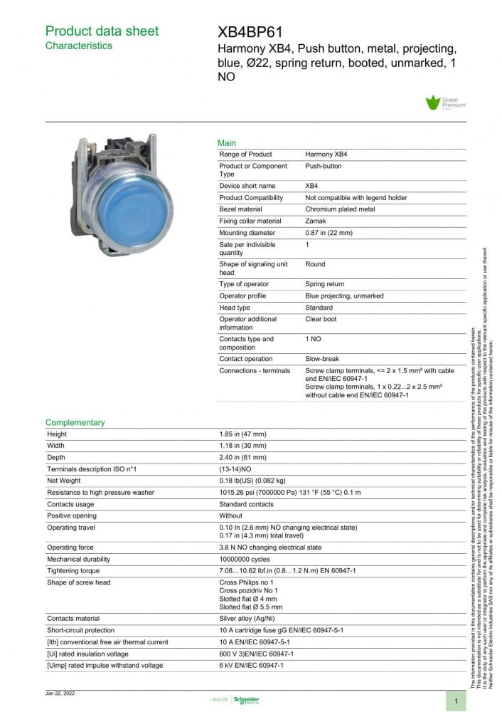 XB4BP61 technical document page 1
