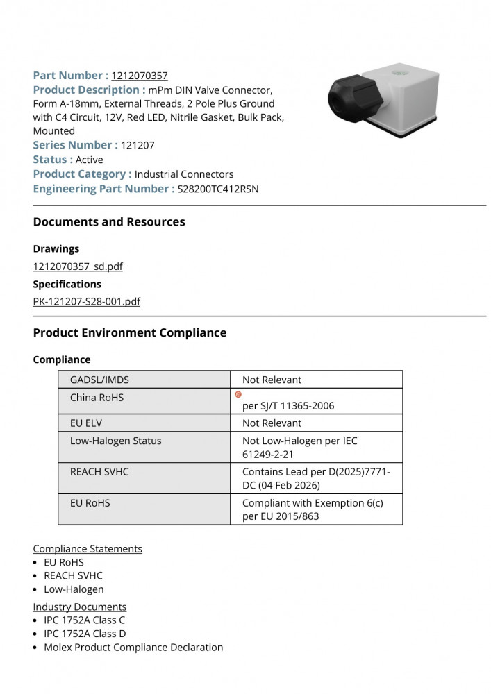 MOLEX S28 DIN valve connector packaging specification, page image 1