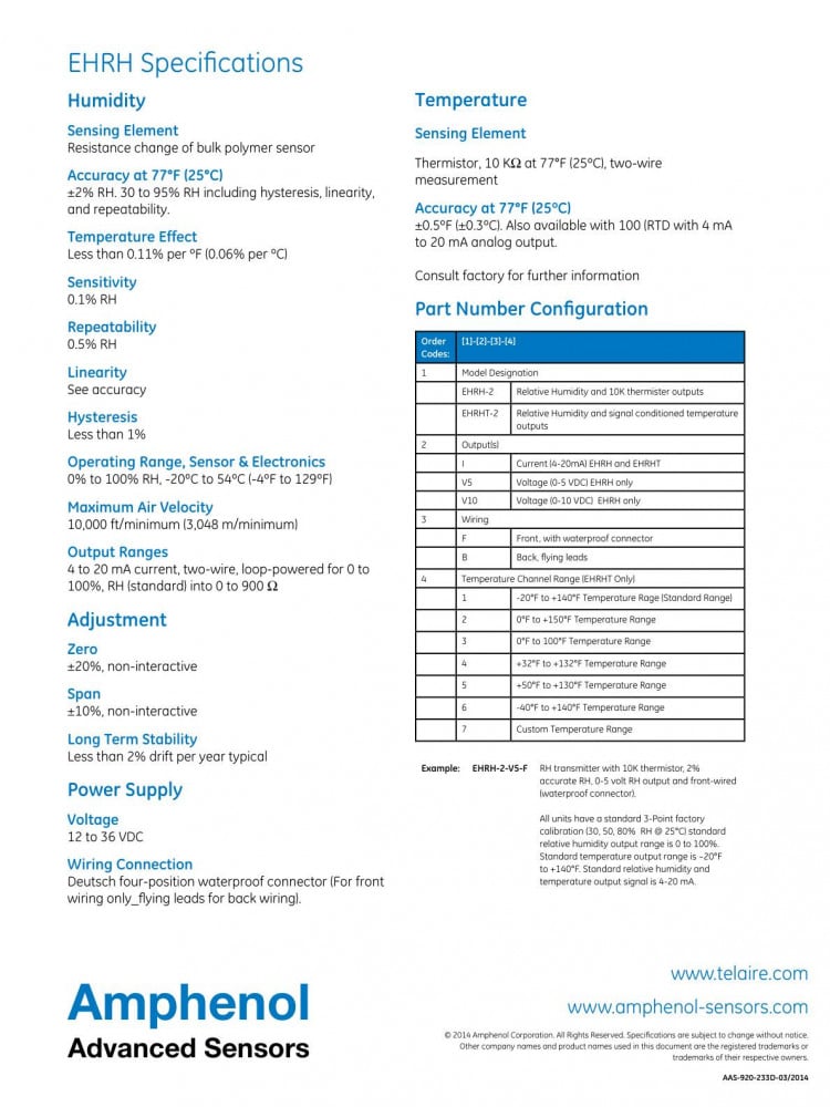 Amphenol EHRH waterproof RH transmitter datasheet page 2
