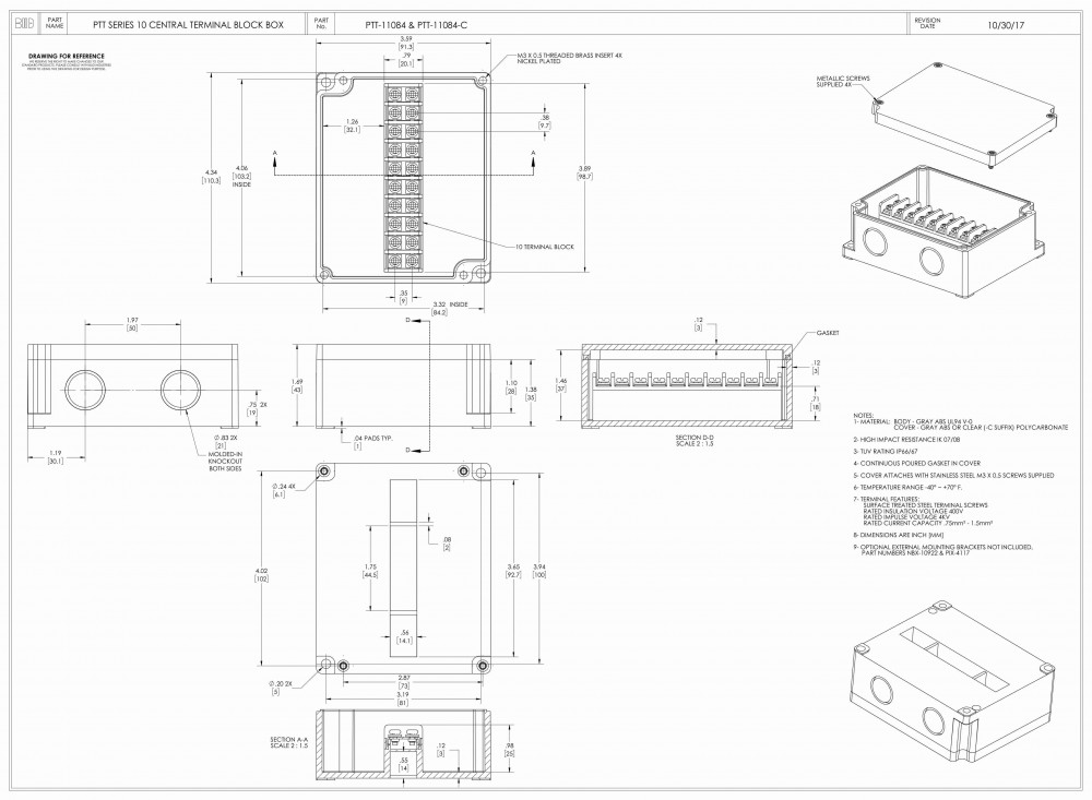 Bud Industries PTT-11084 Series 10 central terminal block box technical drawing