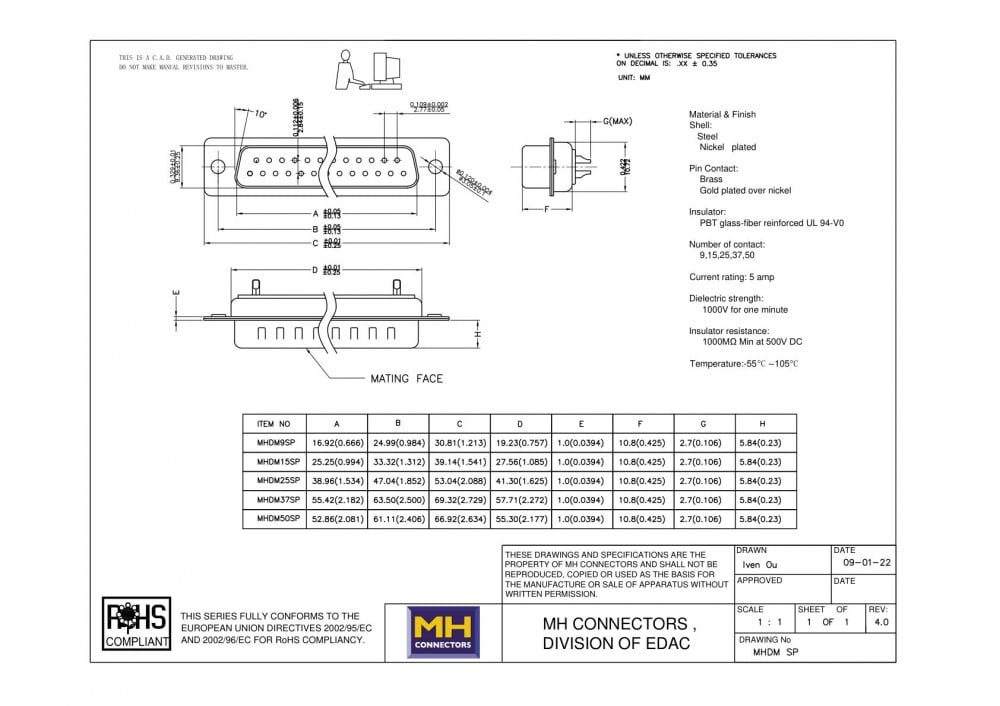MHDM9SP technical drawing page 1